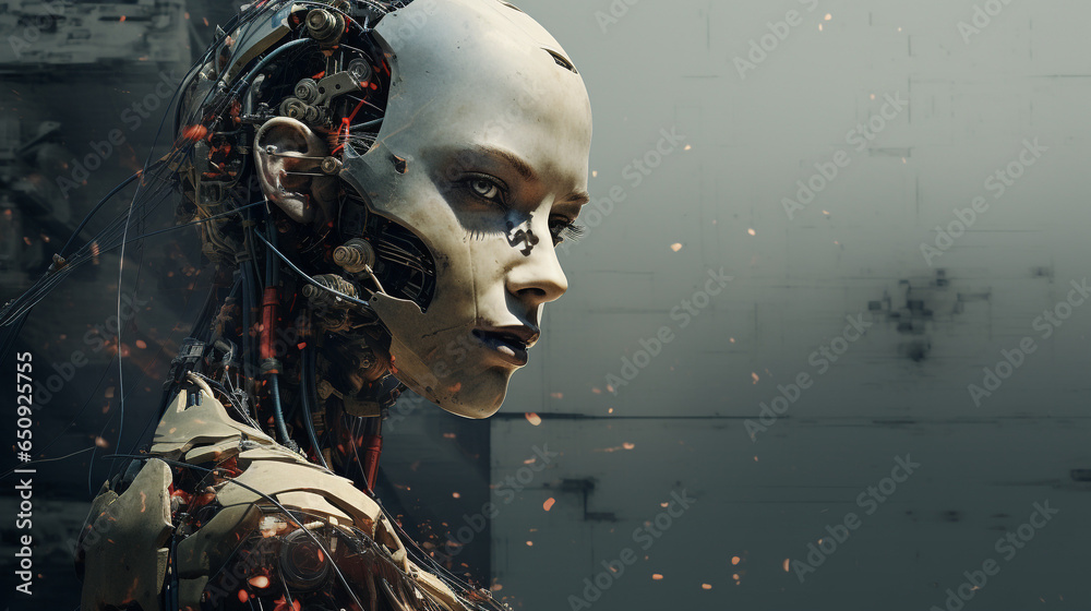 dirty and worn out female humanoid robot, with white casing and wires ...