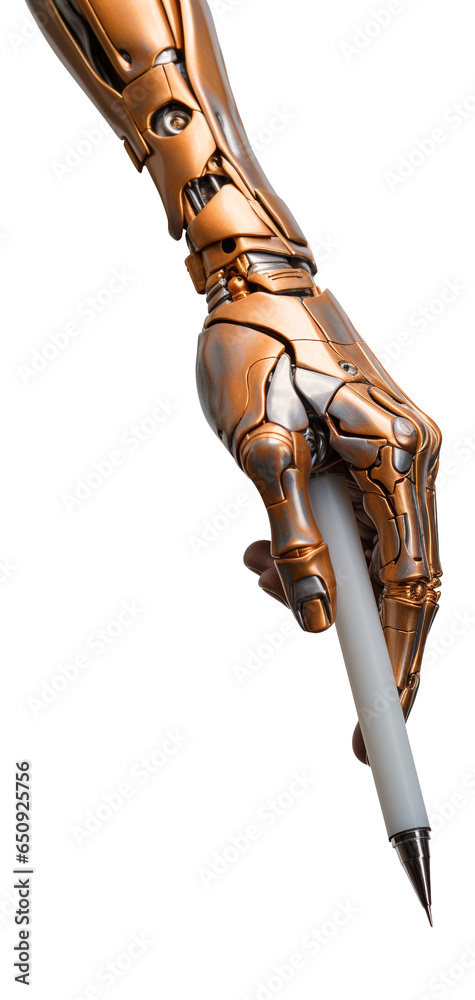 Robotic hand of a cyborg holding a pencil to draw or write with ...