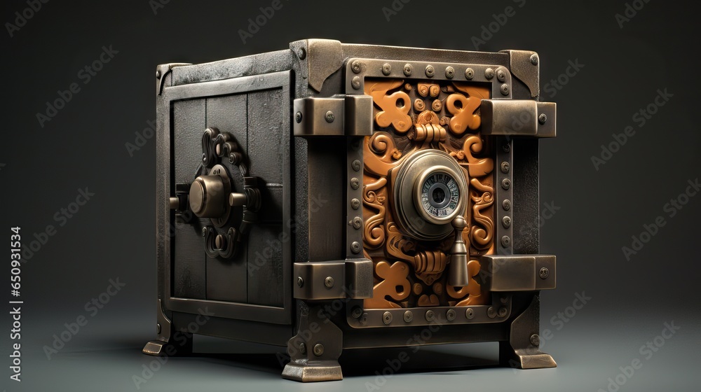 A detailed image of a securely locked, classic safe, illustrating the ...