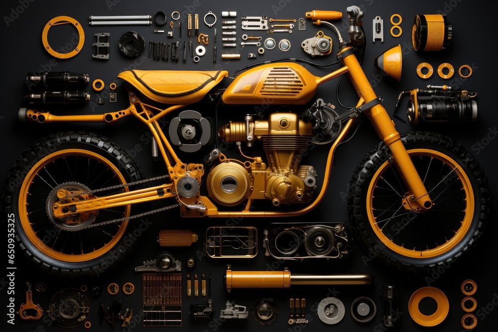 Bicycle and parts of it on black background. Flat lay, top view Stock ...