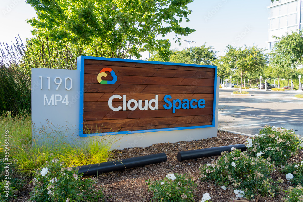 Close up of Google Cloud ground sign at its campus in Sunnyvale ...
