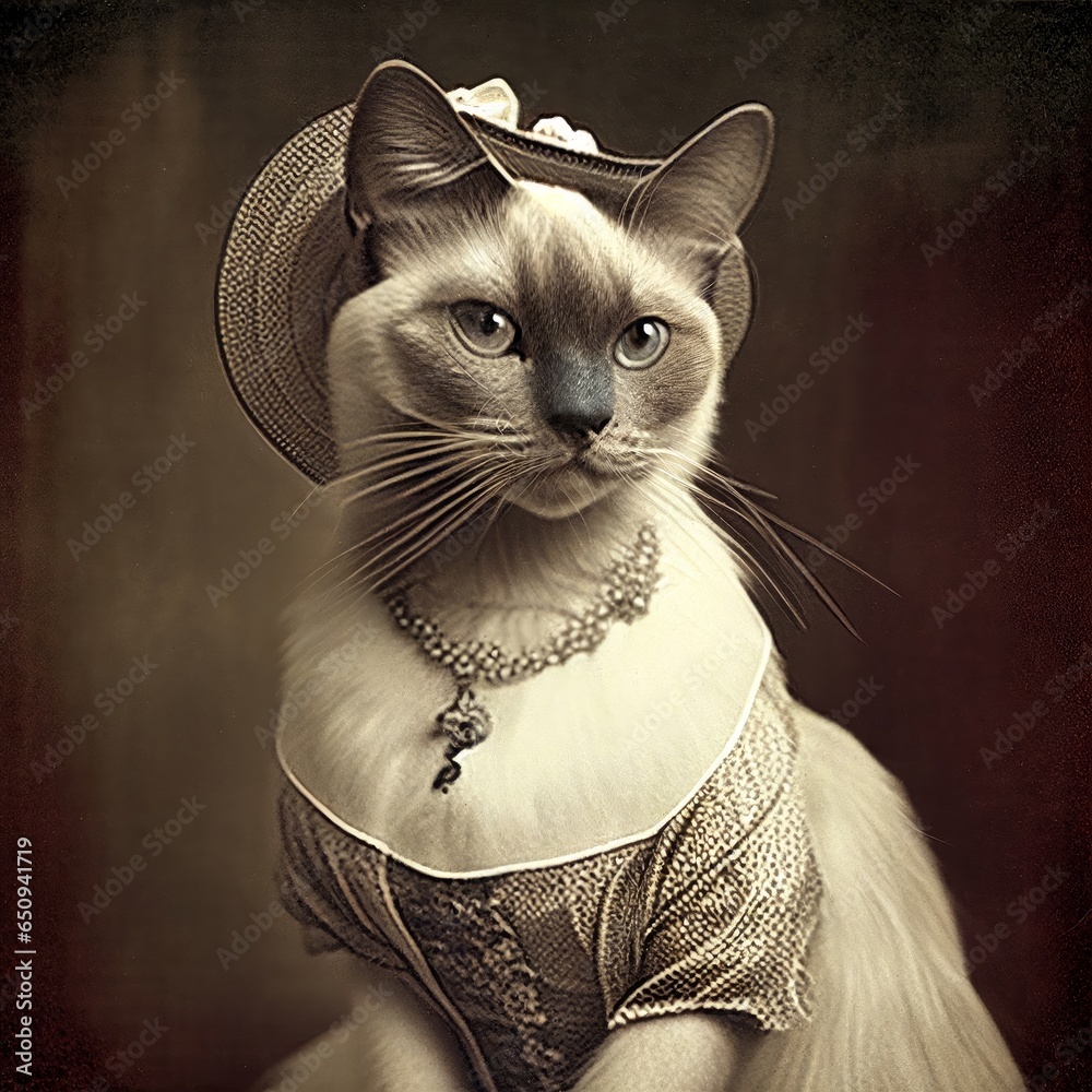 Illustration of a Siamese cat with a hat, elegant clothing, old-style ...
