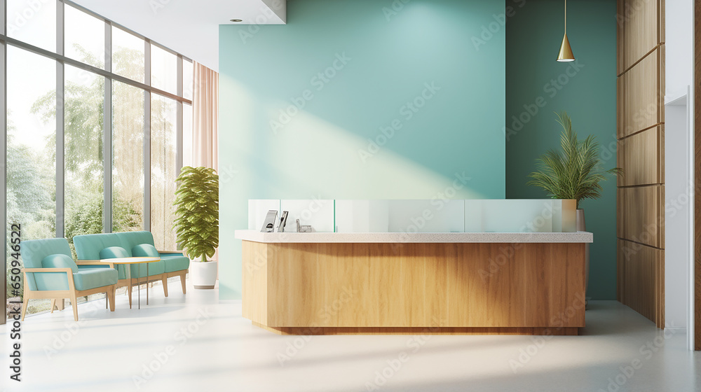 Minimalist hospital reception counter area in white and wood style with ...