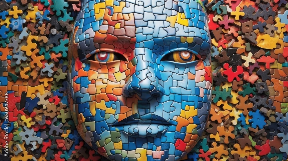 Abstract human head made of unsolved puzzle pieces, maximalism ...