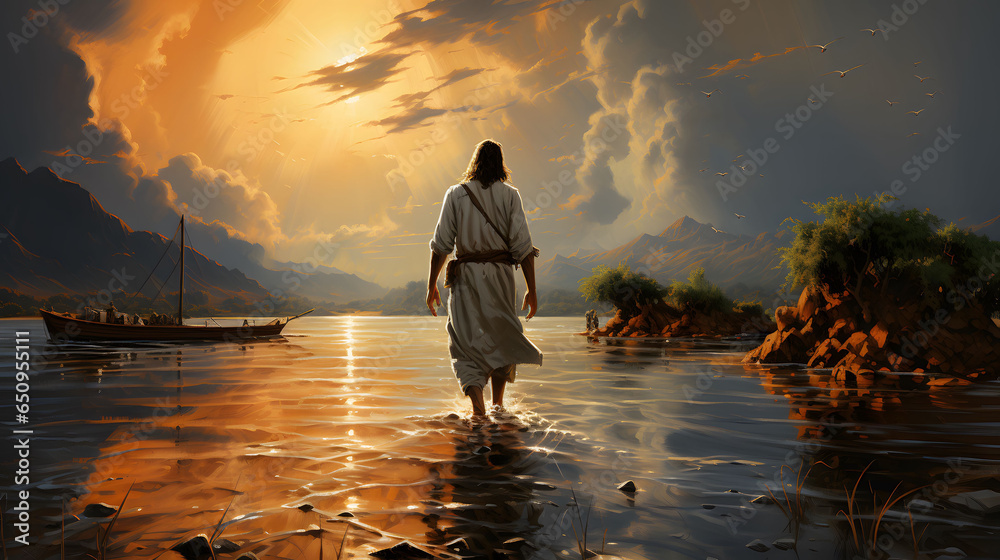 Jesus Christ walking on water sea of galilee toward fishing boat and ...