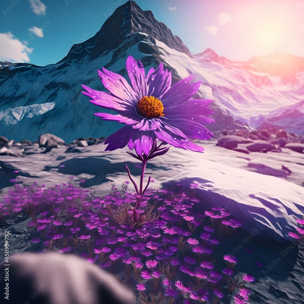 purple vivid flower on top of frozen mountain and sunny sky 8k ultra ...
