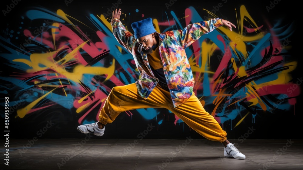 Hip-Hop Energy: Dynamic Male Dancer in Vibrant Outfit on Graffiti Gray ...