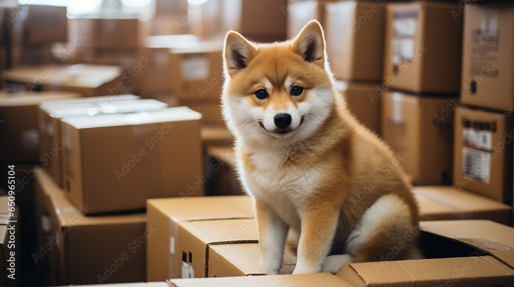 Puppy sits among cardboard boxes for moving to a new home. Moving ...