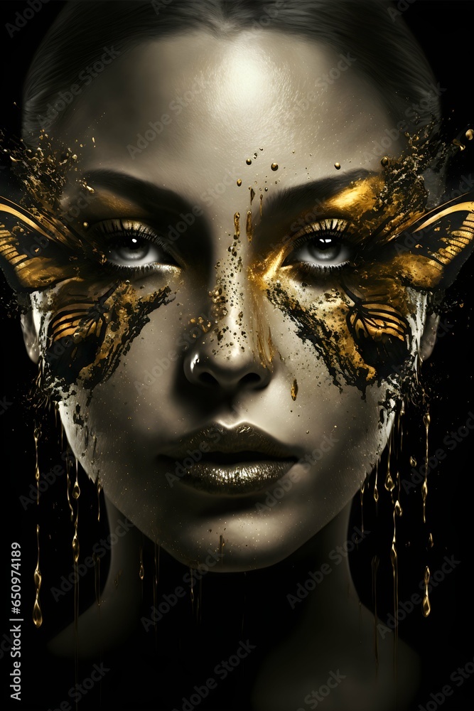 beautiful female face golden liquid dropped from her lips and on one ...