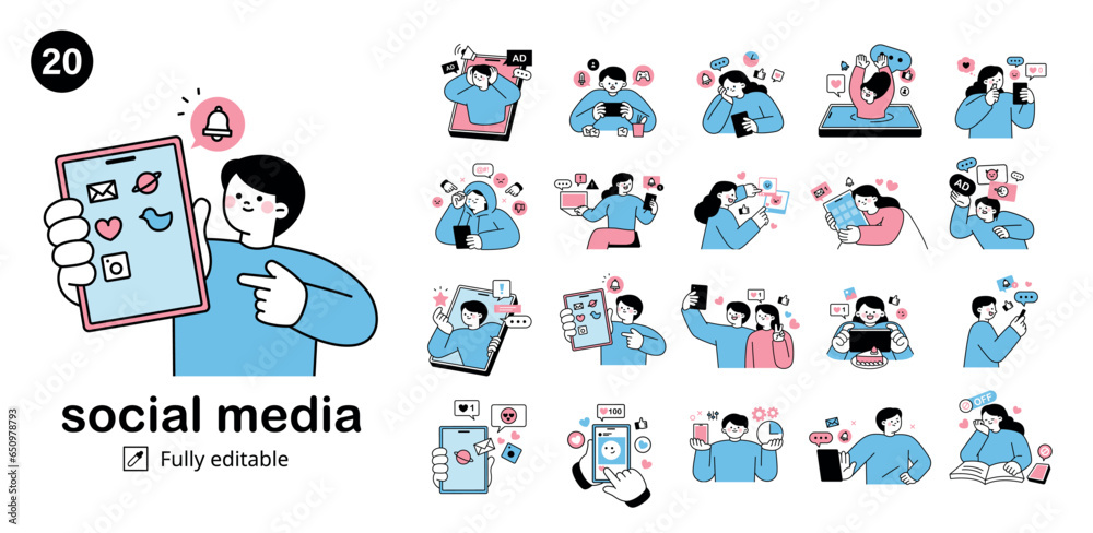 Smartphones and social media. Mega set of people using social networks ...