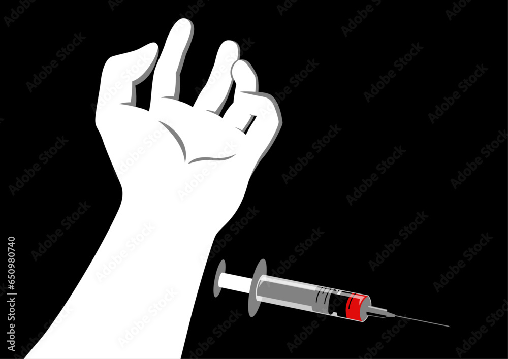 Illustration depicting a limp hand on the floor beside a syringe ...