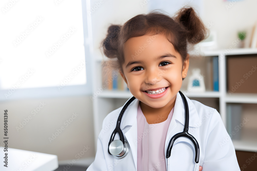 Portrait of cute little girl in white medical uniform act like doctor ...