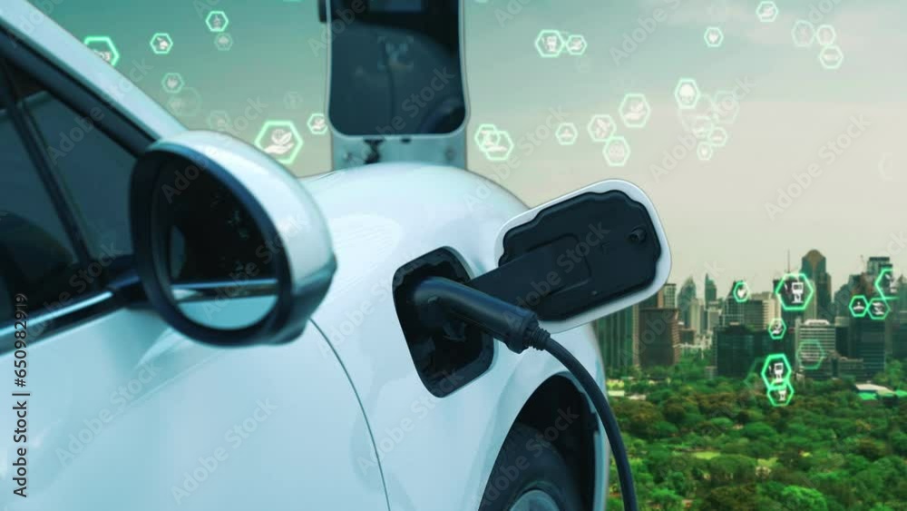 Progressive green city ESG symbol background with electric vehicle, EV ...