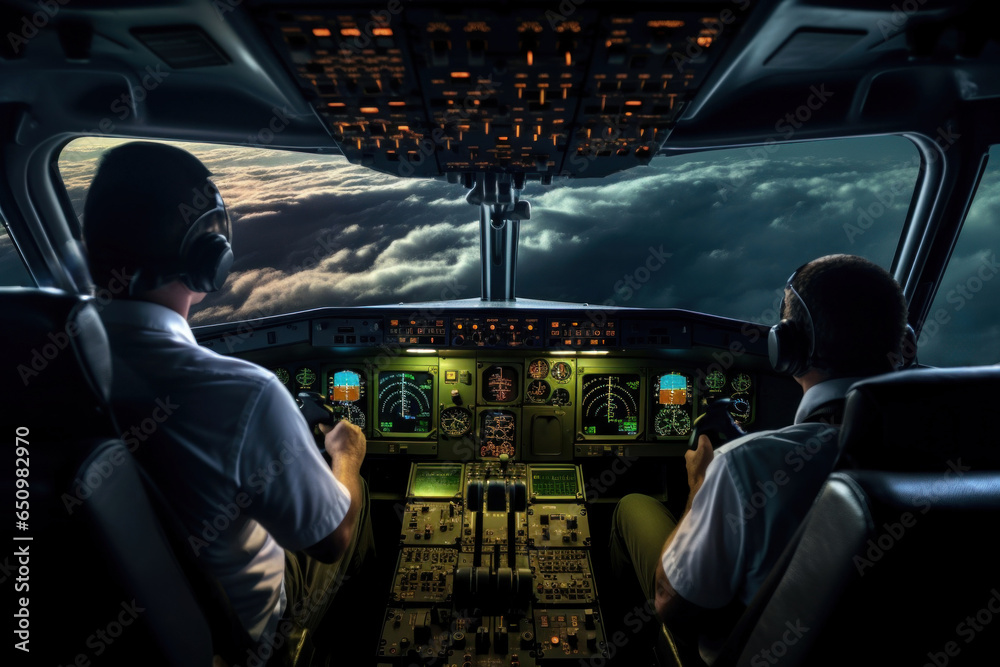 two pilots piloting the plane view from inside the cockpit, the work of ...