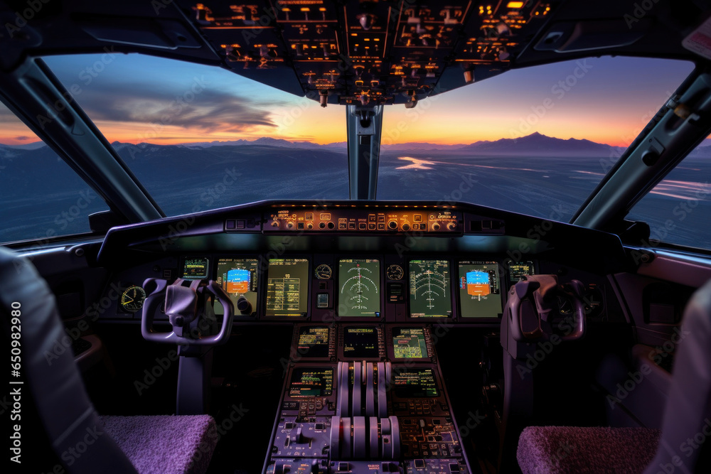 the cockpit of a modern aircraft is a view of the dashboard, the plane ...