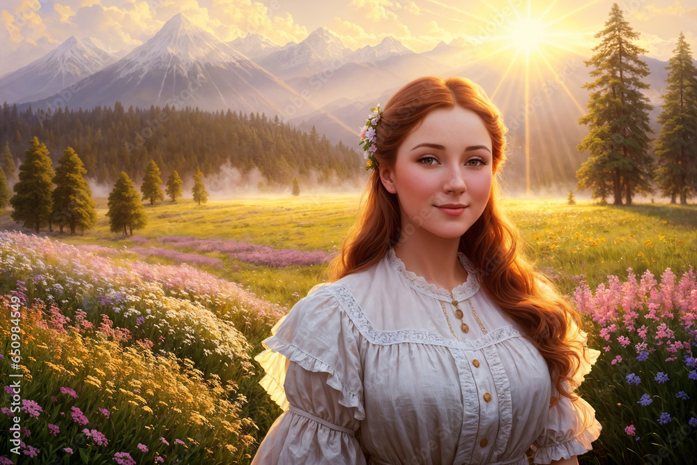 portrait of a beautiful girl posing in nature, a bright sunny day in ...