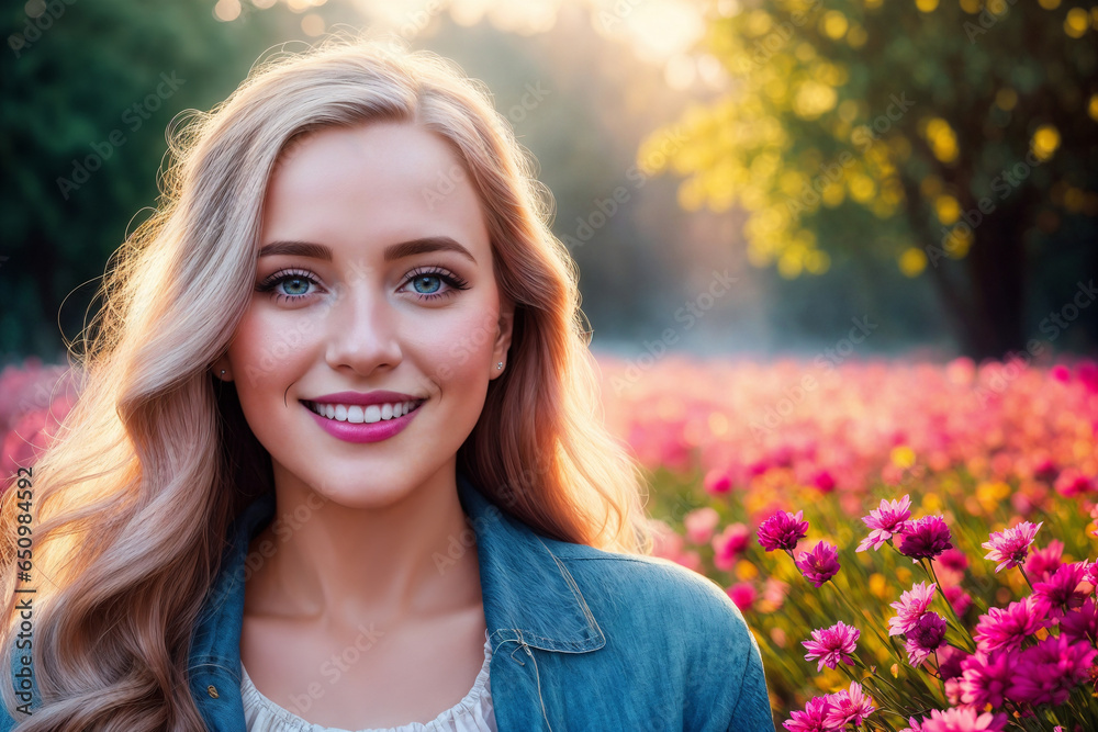 portrait of a beautiful girl posing in nature, a bright sunny day in ...
