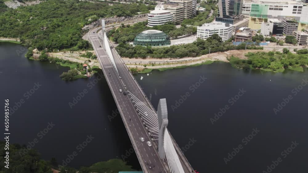 Aerial footage of the Durgam Cheruvu Cable Bridge is an extradosed ...