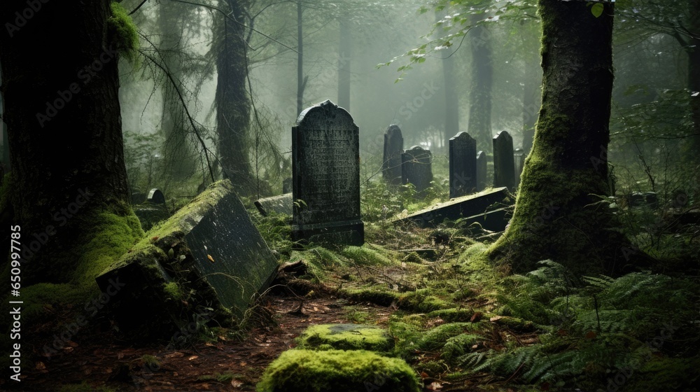 Deep inside a dark and misty forest are old forgotten and overgrown ...