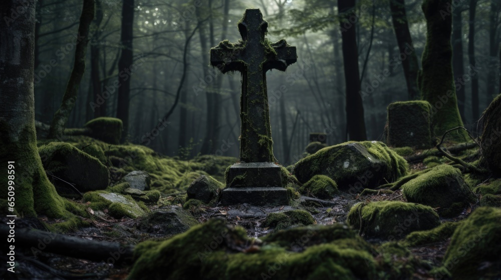 Deep inside a dark and misty forest are old forgotten and overgrown graves with cross shaped ...