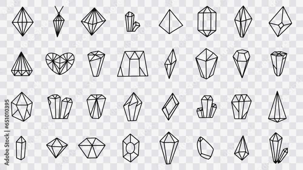 Jewel quartz crystal thin line icon set. Outline sign of treasure gem ...