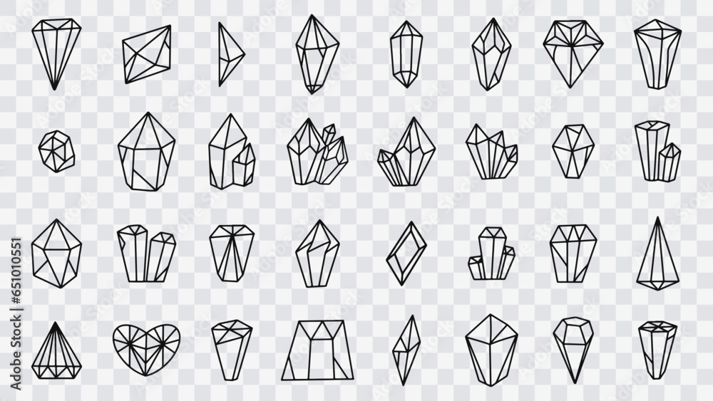 Jewel quartz crystal thin line icon set. Outline sign of treasure gem ...