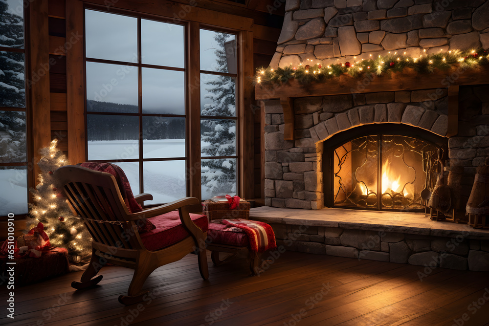 Christmas Haven: A serene lakeside cabin interior with large picture ...