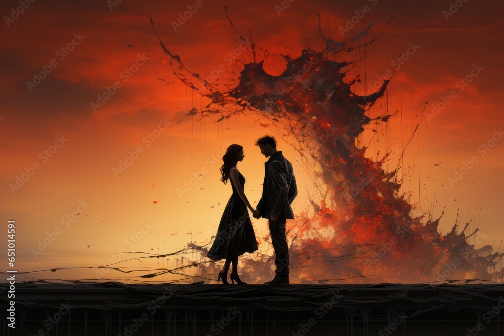 A surrealistic depiction of a couple's silhouettes merging into one ...