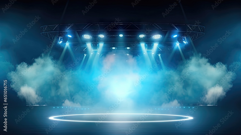 Illuminated Stage with Scenic Lights and Smoke Blue Vector Spotlight ...