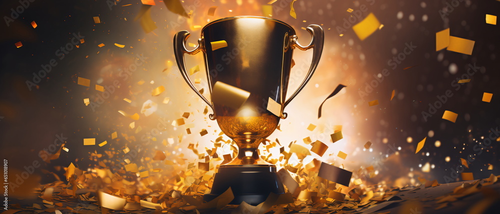 Trophy cup. Gold first place winners trophy with falling confetti and ...