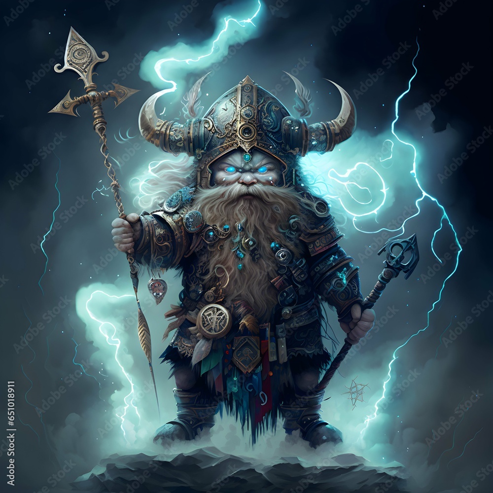 dwarf warrior holding trident lightning patterns and glyphs in ...