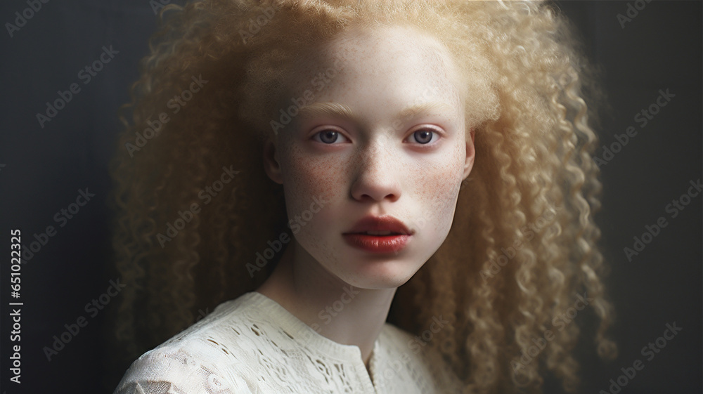 A studio portrait of a beautiful female albino model with curly blond ...