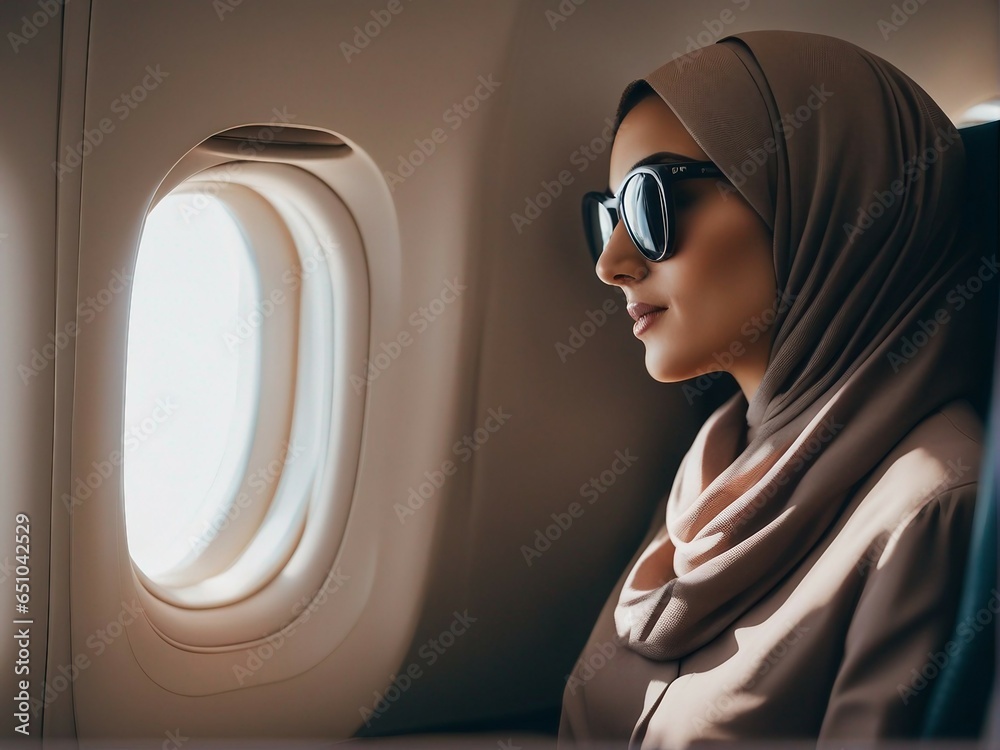 Beautiful Arab young woman in hijab and sunglasses flying in an ...