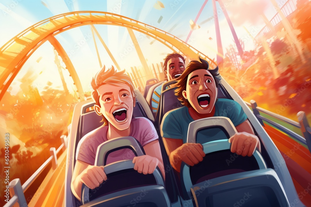Friends riding roller coaster ride at amusement park. People having fun ...