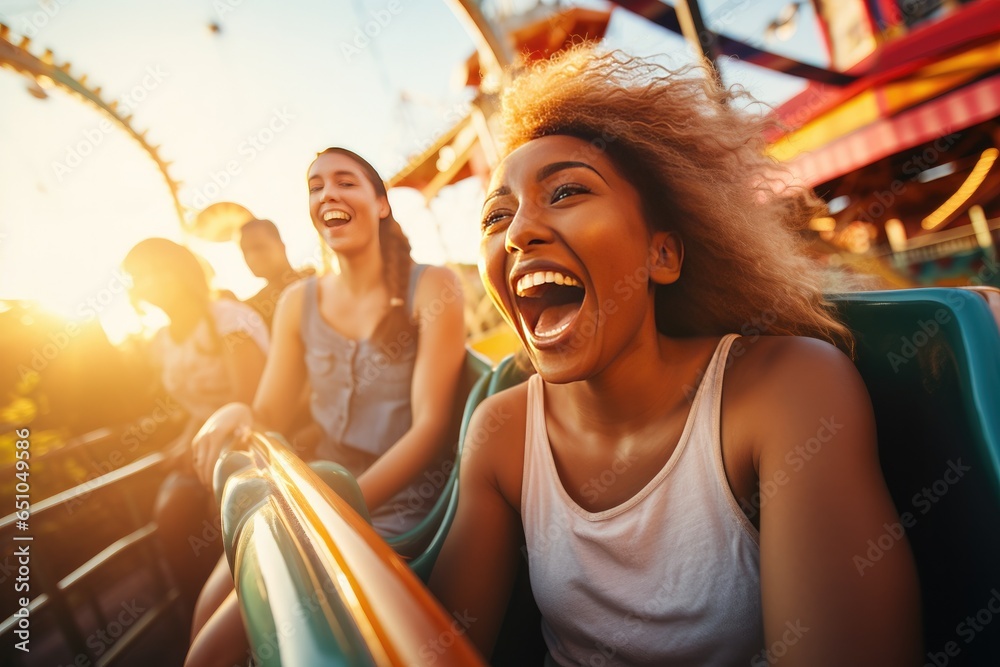 Friends riding roller coaster ride at amusement park. People having fun ...