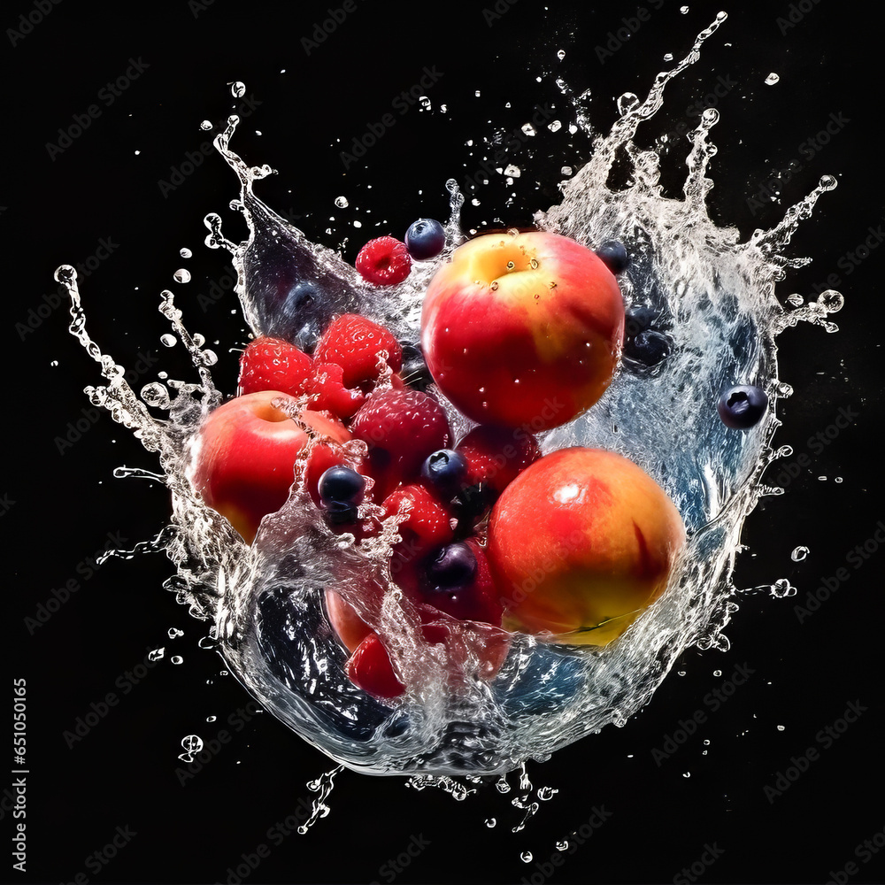 High Speed Photography of Falling Fruit and Water. Generative AI. A ...