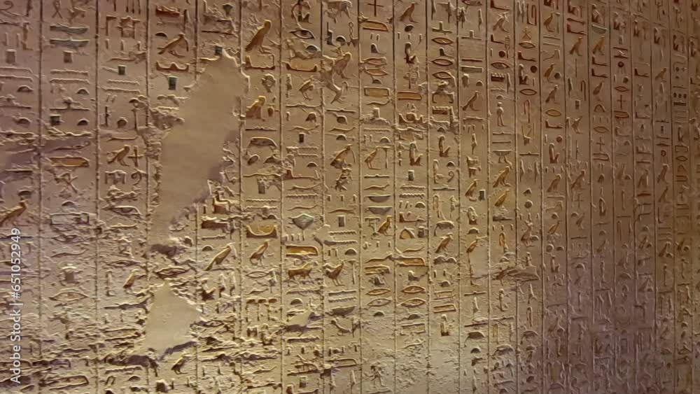 Egyptian hieroglyphs on the walls of the tombs of the pharaohs ...