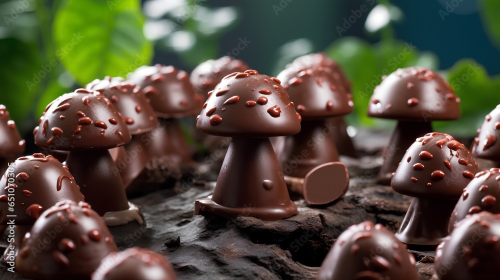 A closeup image of a magic mushroom chocolate. The chocolate is infused ...