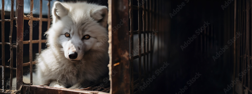 Fur Farming, Animal Welfare Problems. Caged Arctic fox in Fur farm. Fur ...