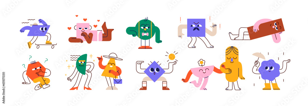 Cute funny geometric characters set. Comic shapes, geometry figures ...