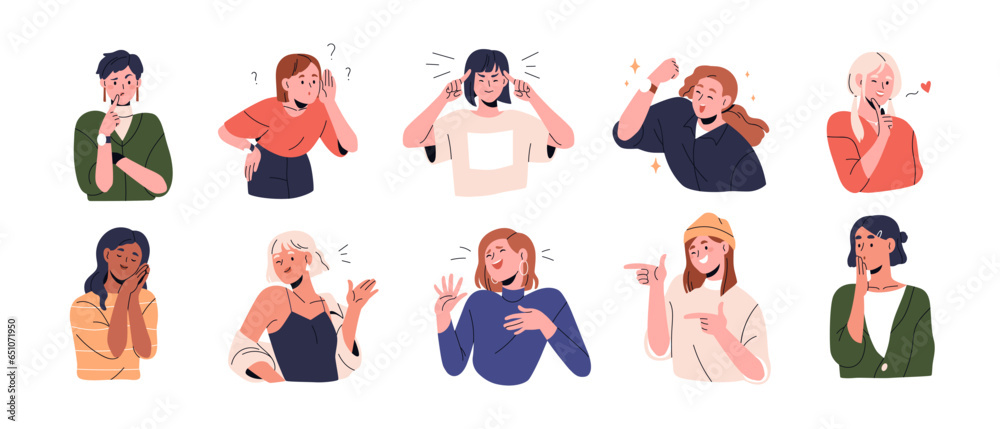 Vetor de Girl character with different face expressions, hand gestures ...