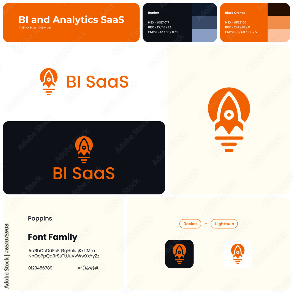 2D BI and analytics SaaS linear business logo with brand name. Rocket ...