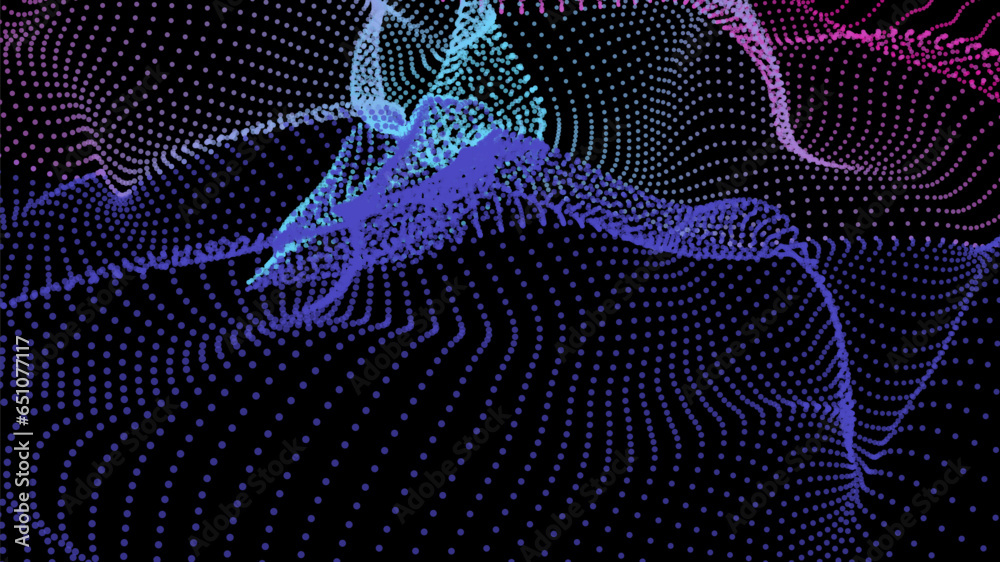 Energy net flows. Dot particle lines penetrating fog. Neon lights ...