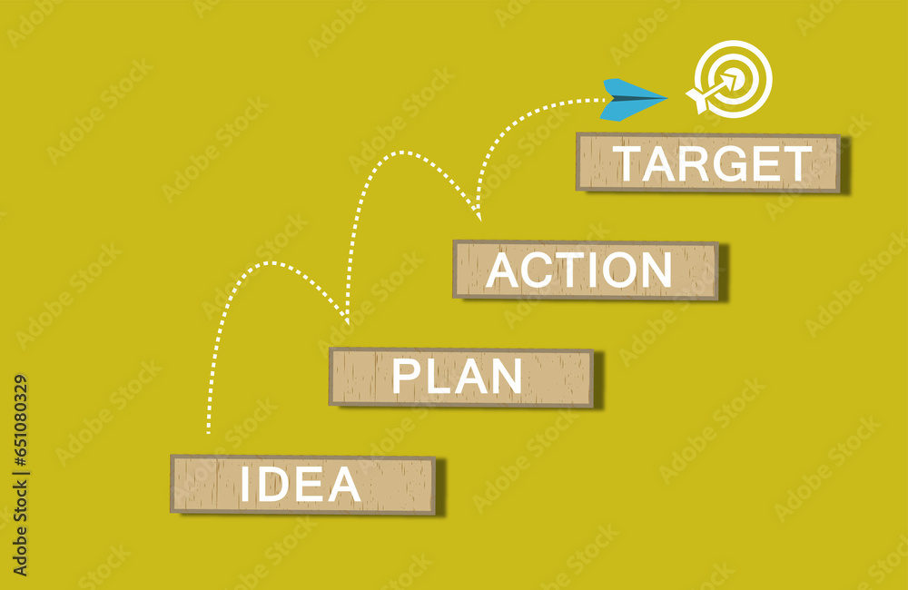 plan, action, goal, and target text stair up showing economic growth or ...