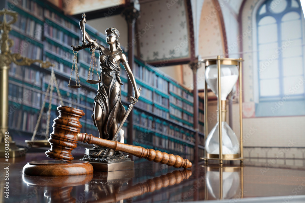 Law theme. Themis statue, scale and judge gavel in the law faculty ...