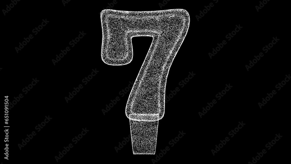 3D number 7 digit on black background. Object made of shimmering ...
