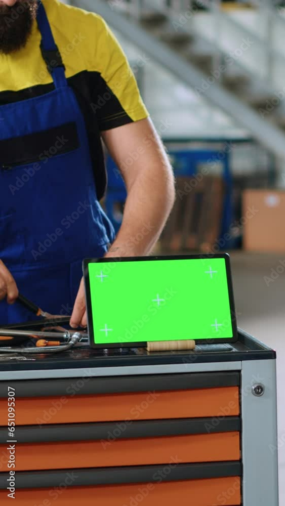 Vertical video Panning shot of green screen laptop in garage workspace, sitting on work bench ...