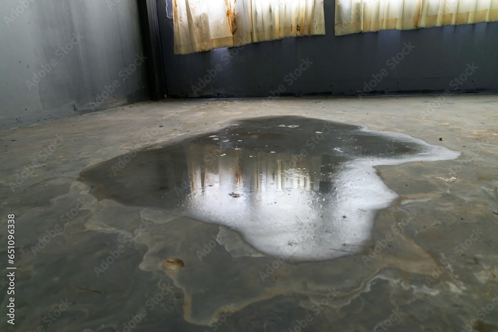 Close-up of spilled water leak on the floor of building. Wet floor from ...