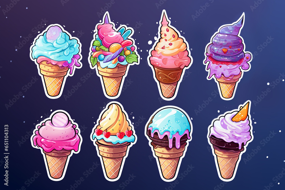 Ice cream Stickers, Flat cute ice cream cone sticker pack, A set of ice ...