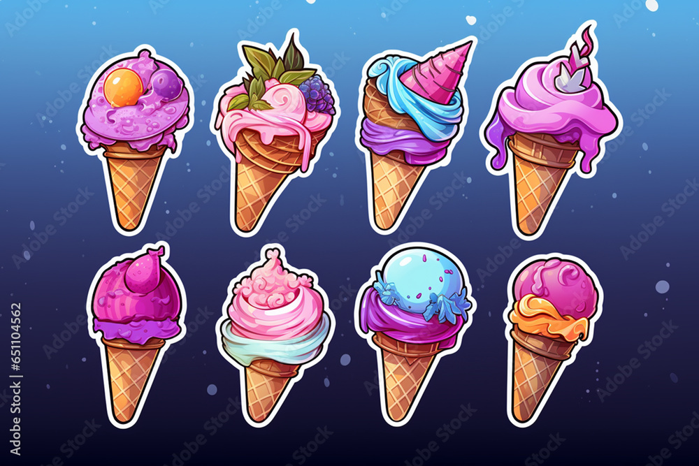 Ice cream Stickers, Flat cute ice cream cone sticker pack, A set of ice ...